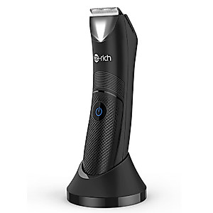 Te-Rich Body Groin Hair Trimmer for Men, Replaceable Ceramic Blade Heads, Waterproof Wet & Dry Clippers, LED Light and Standing Dock, Ultimate Male Hygiene Razor and Electric Body Shavers for Balls