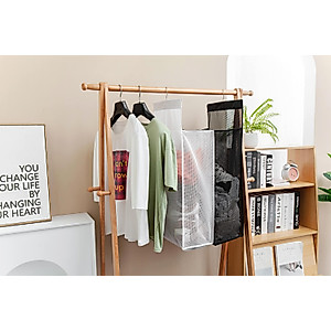 ALYER 2 Sections Collapsible Mesh Laundry Hamper,Hanging Heavy Duty Laundry Basket and Durable Dorm Bathroom Storage Bag with Two Hangers,Black & White