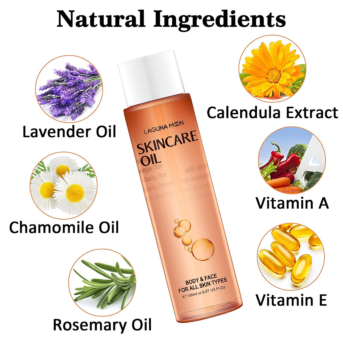 Lagunamoon Skincare Oil for Body & Face & Nails, Used for Scars, Stretch Marks, Natural Ingredients. Vitamin E Oil, Non-Greasy, Fast-Absorption, for All Skin Tpyes, 5.07Oz