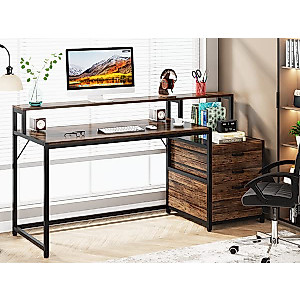 Tribesigns 63 Inch Computer Desk with File Drawer Cabinet, Ergonomic Office Desk with Monitor Stand, Industrial Computer Table with Printer Space, Wood PC Table Workstation Desk for Home Office