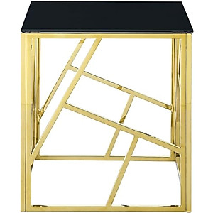 Black Side Table Small End Table with Mirrored Stainless Steel Metal Base, Square Tempered Glass End Table with Storage Modern Side Table, Living Room End Table Narrow Long Side Table Night Stand