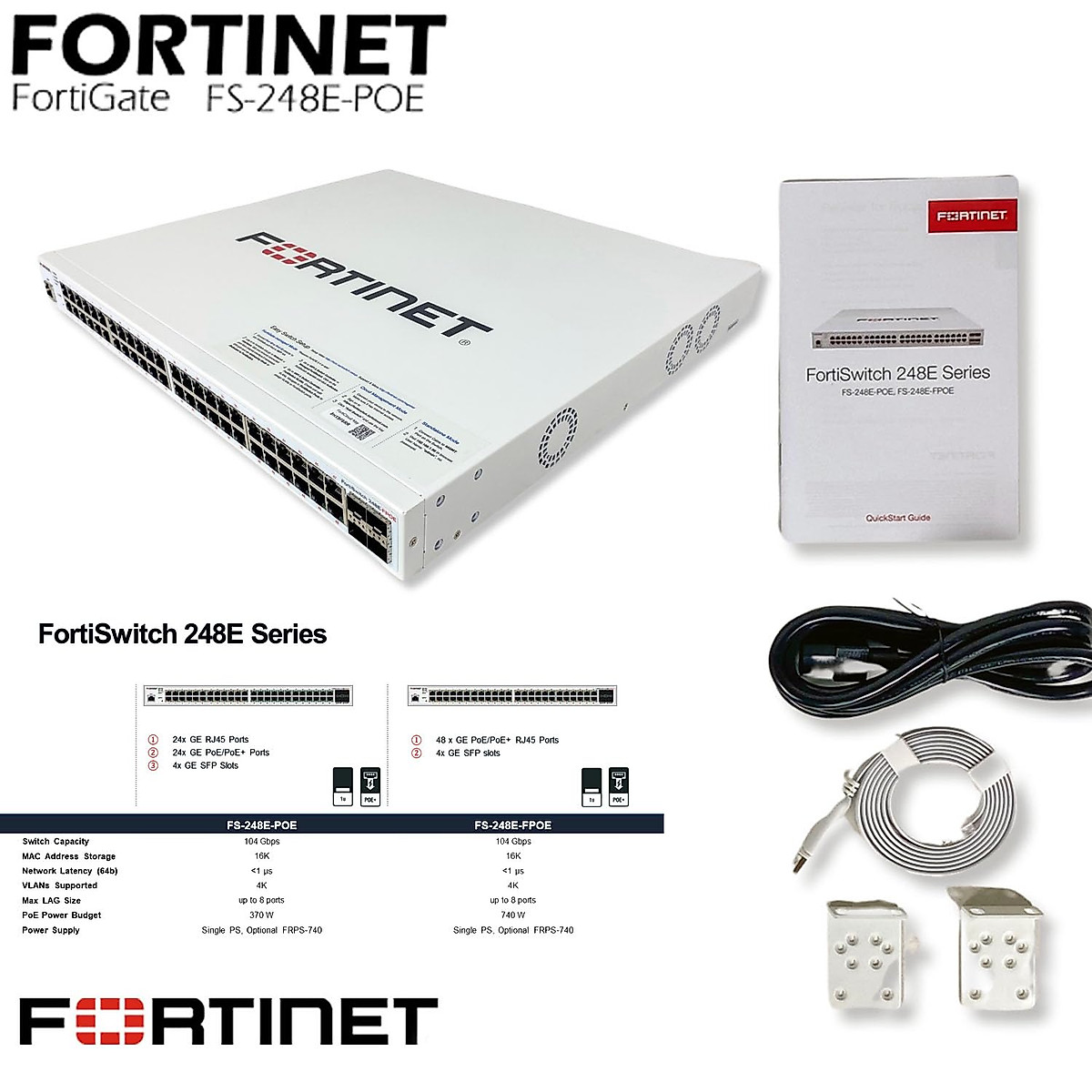 Fortinet - FS-248E-FPOE - Fortinet FortiSwitch 248E-FPOE - Switch - L3 - managed - 48 x 10/100/1000 (PoE+) + 4 x Gigabit SFP - rack-mountable - PoE+ (740 W)