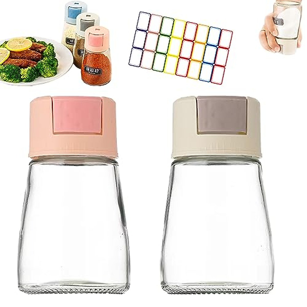 Salt and Pepper Shakers Precise Quantitative Push Type, Quantitative Push Type Sugar Shaker Dispenser (Pink+Beige)