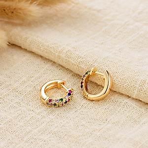 MEVECCO Dainty Women Gold CZ Huggie Hoop Earrings 18K Gold Plated White Multicolor Diamond Cubic Zriconia Inlay Sleeper Tiny Delicate Boho Beach Simple Handmade Jewelry for Her