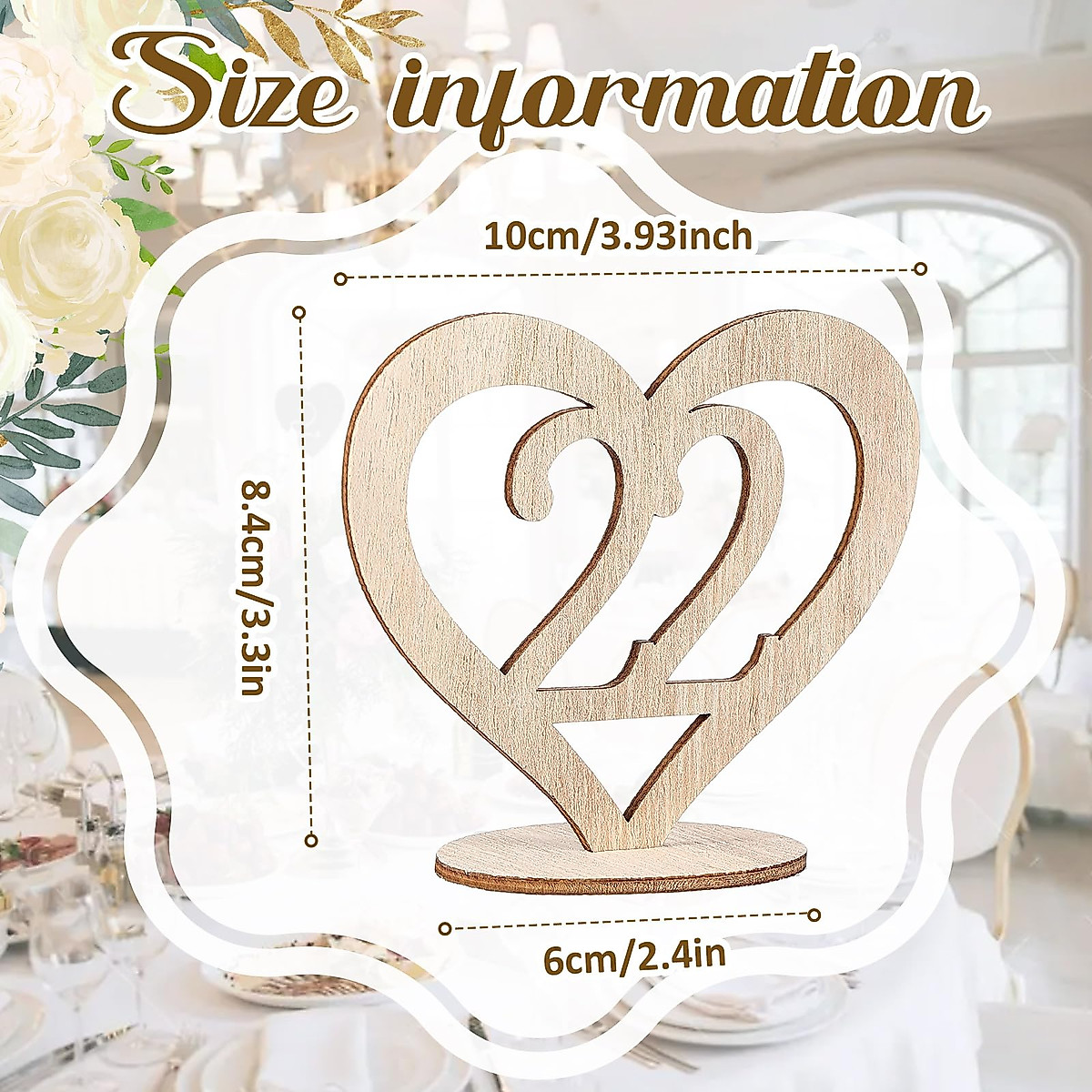 Blulu 40 Pieces Wooden Wedding Table Numbers Heart Shape 1-40 Table Numbers with Holder Base Standing Rustic Hollow Wood Table Numbers for Wedding Event Party Catering Decoration