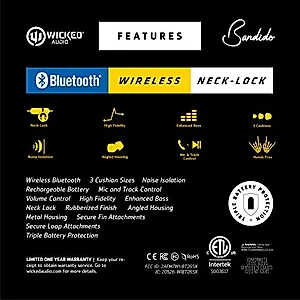 Wicked Audio Bandido Wireless — Bluetooth Earbuds with Microphone and Track Control — Wireless Headset with Metal Housing, Loop and Fin Attachments and Enhanced Bass — Blue