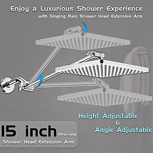 8'' Rain Shower Head with 15'' Extension Arm- 𝟮 𝗳𝗼𝗿 𝟭 𝗖𝗼𝗺𝗯𝗼 Large Surface Fixed Square Shower Head- Extra Long Adjustable Shower Head Extension Arm- Singing Rain Ultimate Shower Experience
