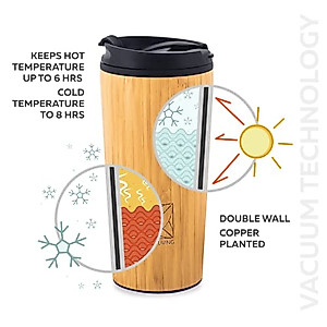 Santai Living Insulated Bamboo Travel Mug Tumbler Leak-Proof Black Flip Lid Coffee Cup Stainless Steel Thermos,16oz/400ml