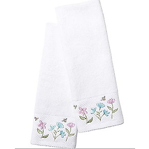 Deborah Connolly Hand Towels Embroidered Floral Garden Bee Set of 2 White Pink Cotton Kitchen Towels
