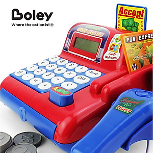 Boley Toy Cash Register with Scanner - Red and Blue Toddler Cash Register Toy for Kids with Calculator and Toy Credit Card Reader