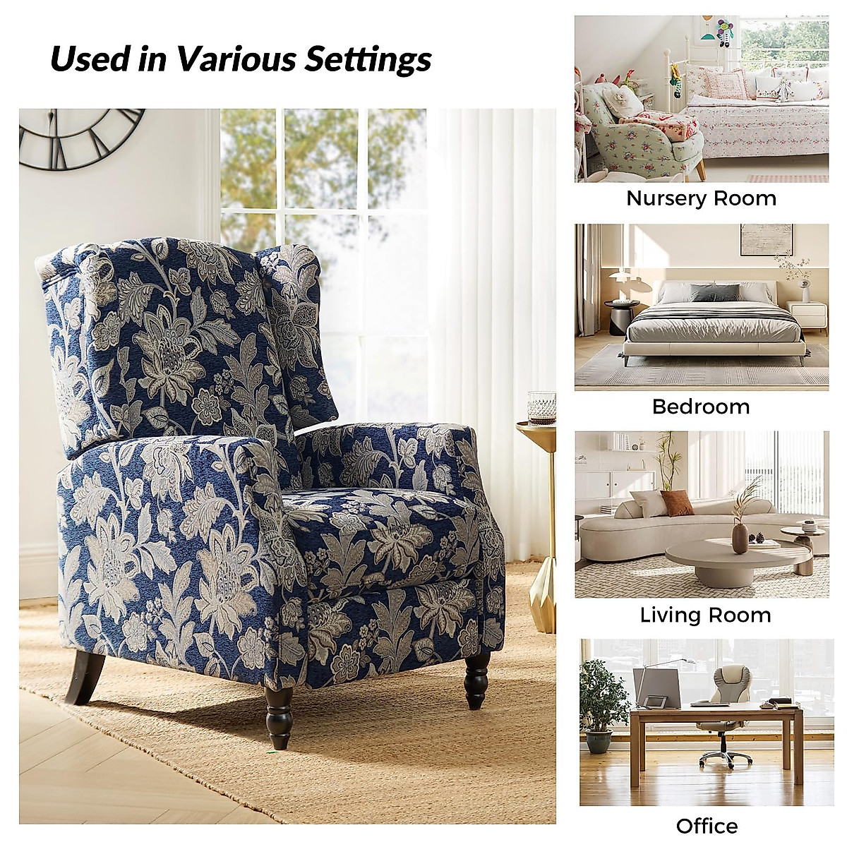 Upholstered Wingback Recliner Chair, Traditional Push Back Recliner Sofa, Mid Century Modern Lounge Armchair for Living Room, Home Theater Accent Chairs Recliners Couches (GARDEN)