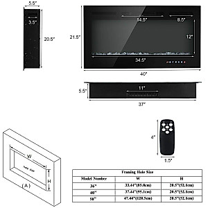 Tangkula 40 inches Electric Fireplace Insert with Thermostat, in-Wall Recessed and Wall Mounted 1500 W Faux Fireplace, Touch Screen Control, 9 Flamer Color, Temperature Control & Timer (40 inches)