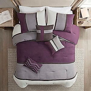 Madison Park Palisades Comforter Set Modern Faux Suede Pieced Stripe Design, All Season Down Alternative Cozy Bedding with Matching Shams, Decorative Pillows, Queen(90"x90"), Purple 7 Piece