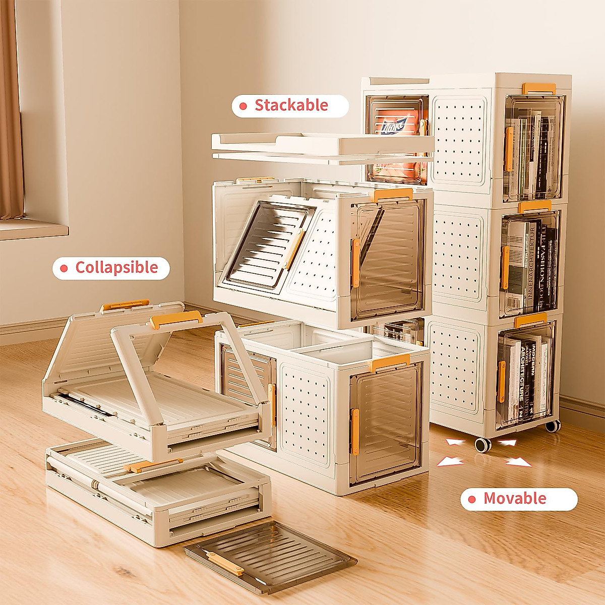 60QT Lockable Stackable Storage Bins with Lids,Plastic Storage Bins with Lids,Hooks, Wheel,Two-door, Folding Storage box,Collapsible Storage Bins Containers Closet Organizers for Bedrooms,3 Pack Cubes