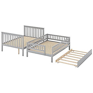 UBGO Full Over Full Bunk Bed with Pull Out Trundle Bed and Storage Stairs, Safety Rails, Full Size Bunk Bed for Kids Teens Adults, Space Saving, Easy to Assemble, Grey