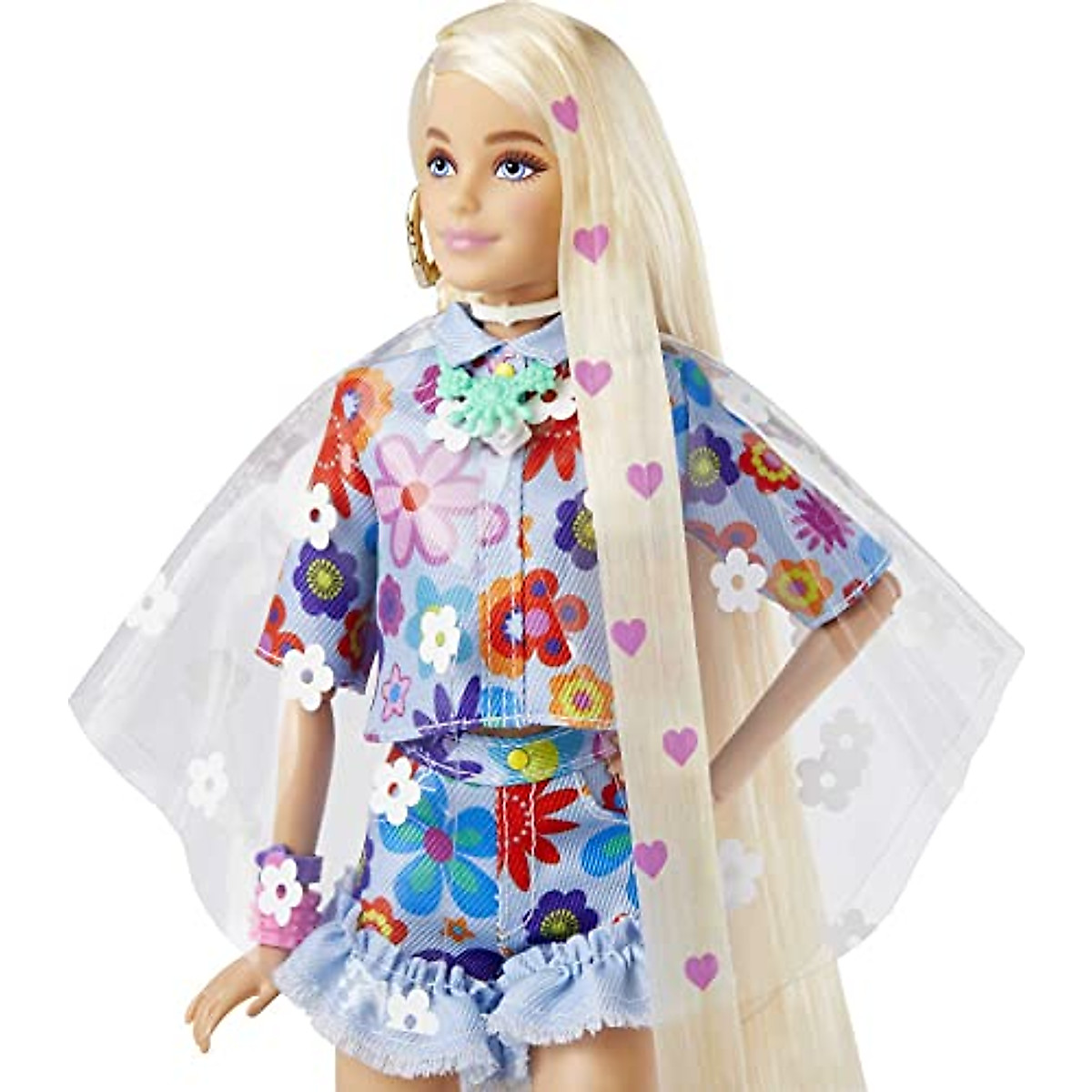 Barbie Extra Doll and Accessories with Extra-Long Blonde Hair Wearing Floral Outfit & Poncho with Pet Bunny 12 inch