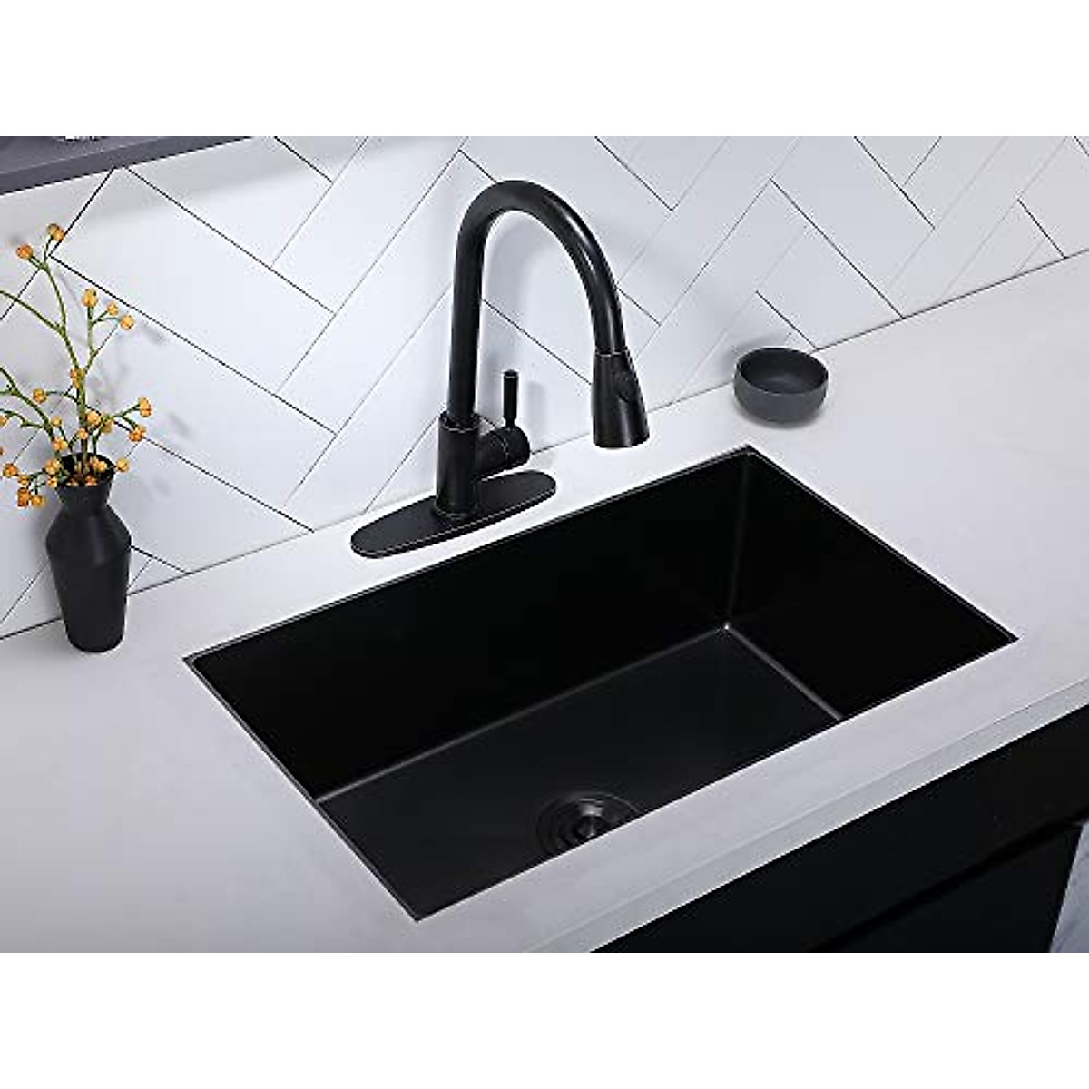 Ufaucet 32 Inch Nano Black Undermount Kitchen Sink, Zero Radius 16-Gauge Stainless Steel Commercial Single Bowl Wet Bar Prep Sink with Drainer and Bottom Grid