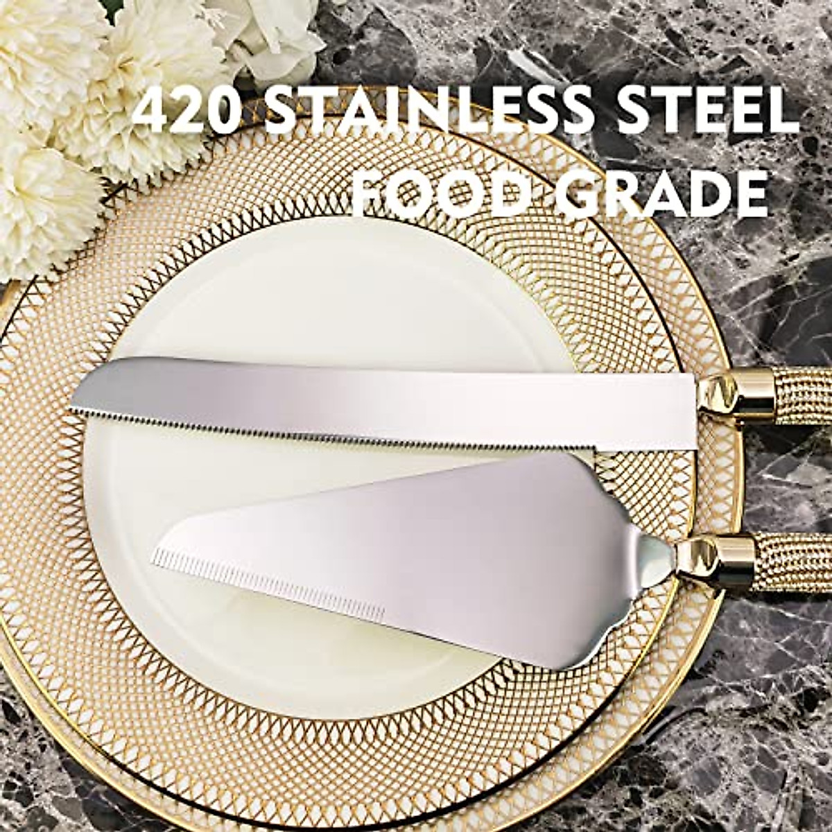 ROXBURGH Wedding Cake Knife and Server Set, 420 Stainless Steel Cake Cutter and Pie Server Slicer, Rhinestones Studded Handle Cake Cutting Set for Wedding Gifts, Engagement Gifts for Bride and Groom