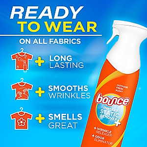 Bounce 3-in-1 Anti Static Spray & Wrinkle Release - Odor Eliminator, Fabric Refresher & Dewrinkle Spray for Clothes, Anti-Wrinkle Spray for Clothing, Travel Size Wrinkle Releaser, 9.7 Fl Oz, Pack of 2