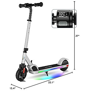 Caroma Electric Scooter for Kids Ages 8-12, Max 7 Miles Range and 10 Mph Max Speed, Colorful Rainbow Light, UL2272 Certification, Lightweight Electric Kick Scooter for Kids Boy Girl (Silver)