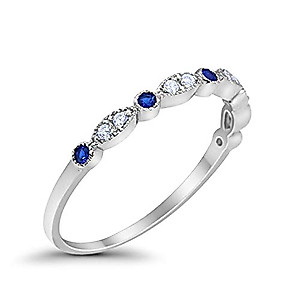 2mm Half Eternity Wedding Band Art Deco Design Round Simulated Blue Sapphire CZ 925 Sterling Silver, Size-6