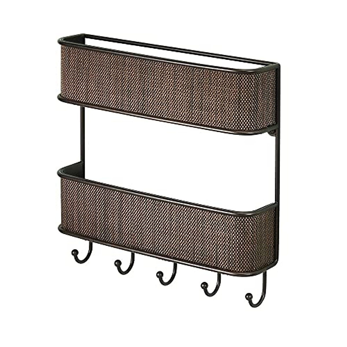 mDesign Wall Mount Metal Woven Mail Organizer Storage Basket - 2 Tiers, 6 Hooks - for Entryway, Mudroom, Hallway, Kitchen, Office - Holds Letters, Magazines, Coats, Leashes, Keys - Bronze