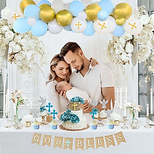 Fiesec Baptism Decorations for Boys, First Communion Christening Party Decorations God Bless Backdrop Balloon Garland Arch Linen Banner Poster Cake Cupcake Topper White Gold Blue