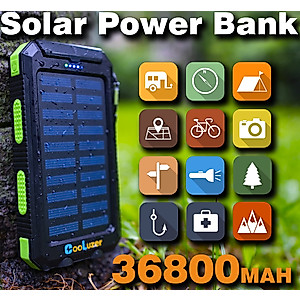 Solar Power Bank 36800mah, Solar Charger Power Bank with 18W PD 5V 3.1A outputs, IP67 Waterproof, Grade A+ Battery with LED Flashlight and Compass, Perfect Camping Gear Accessory for Outdoor (Green)