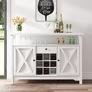 4ever2buy Farmhouse Coffee Bar Cabinet with Storage, White Coffee Bar with Drawer, Kitchen Buffet Cabinet with Barn Door, Wine Bar Cabinet with 9 Wine Racks for Dining, Living Room