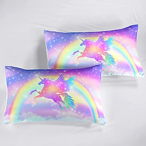 Unicorn Kids Comforter Bedding Set 5 Piece Super Soft Breathable Print Kids Bedding Sets for Girls, Washable Durable Comforter Set with Comforter, Shams, Sheet, 2 Pillowcases (Purple Unicorn)