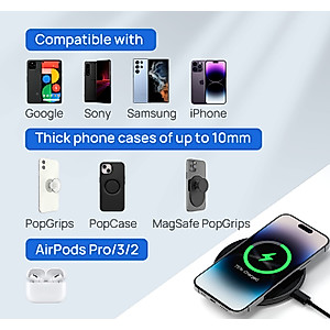 Eazpower Wireless Phone Charger Pad for Popsocket/OtterBox/Thick Cases Up to 10mm, 15W Max Wireless Charging Pad Compatible with iPhone 15/14/13/12/11 and Samsung Galaxy S23/S22 (Adapter Included)
