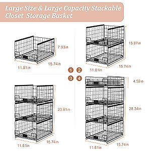 4 Pack Sliding Closet Organizers and Storage, Stackable Closet Storage Shelves, Pull Out Clothes Storage Organizer Baskets/Containers/Drawers with Dividers for Wardrobe (Black-Sturdy Wire Metal Frame)