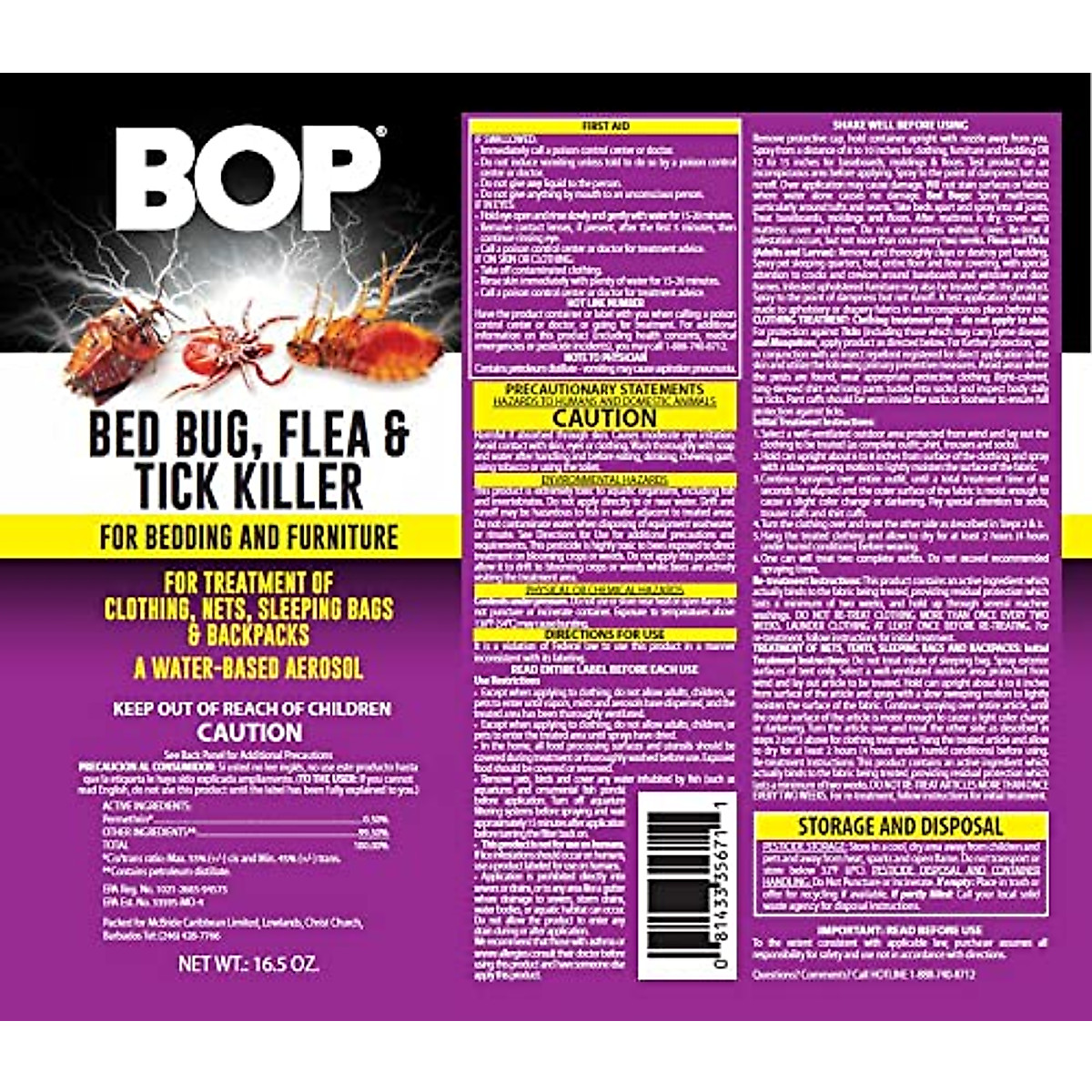 BOP Bed Bug, Flea and Tick Killer, 16.5 oz, Easy to Use Pest Control Spray, Kills Bugs On Contact and Keeps Your Home Insect Free, Indoor/Outdoor Use for Quick Results