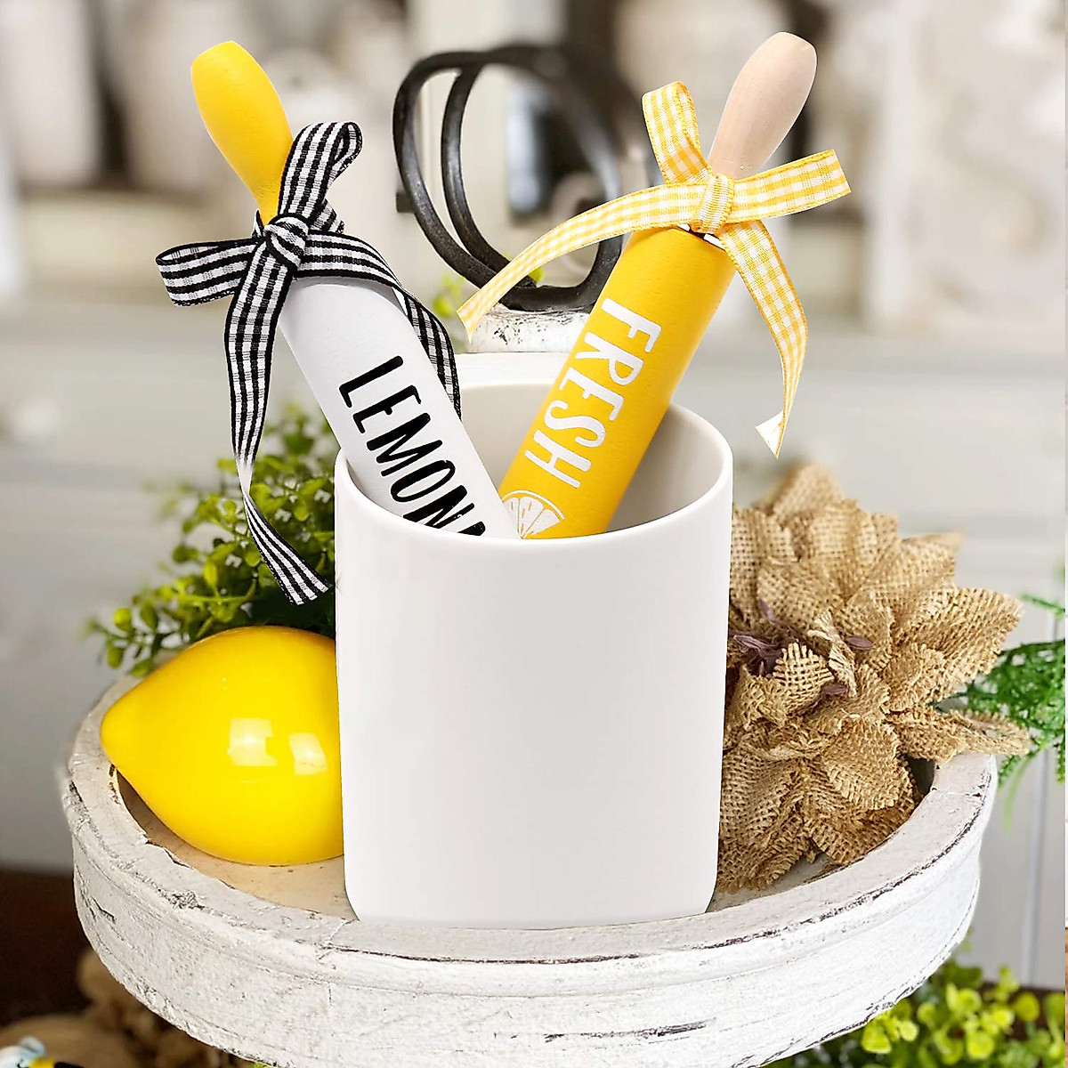 Lemon Mini Rolling Pins Wooden Tiered Tray Decorative Favors Rustic Farmhouse Yellow Fresh Lemonade Home Décor Gift Ideas Supplies Set of 2