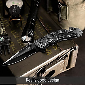 Bundle of 2 Items- Black Pocket Knife - Serrated Sharp 3,5" Blade Folding Knives - Knife with Glass Breaker and Pocket Clip - Camping Hunting Hiking Fishing EDC Survival Boy Scout Knife Gifts for Men