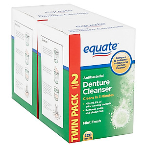 Denture Cleaner Tablets Fresh Mint Equate 240 Count With Dentu-Care Denture Retainer Cleaning Cup Case Bath With Basket Lid and Denture Brush