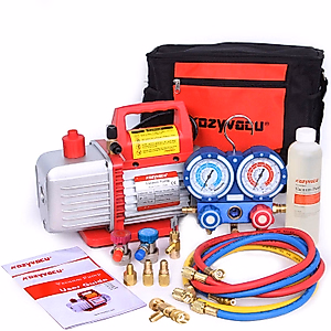 Kozyvacu Mini Split/HVAC/AUTO AC Repair Complete Tool Kit - Includes 1-Stage 4.5 CFM Vacuum Pump, Manifold Gauge Set, Hoses and Accessories, Perfect for AC Recovery and R134a Refrigeration(TA450F)