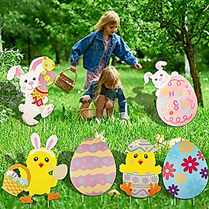 6 Pcs Easter Yard Signs Outdoor Easter Eggs Yard Signs Easter Yard Decorations Easter Lawn Decoration Easter Yard Art Decoration with 12 Plastic Stakes for Garden Lawn Yard Easter Props Decoration