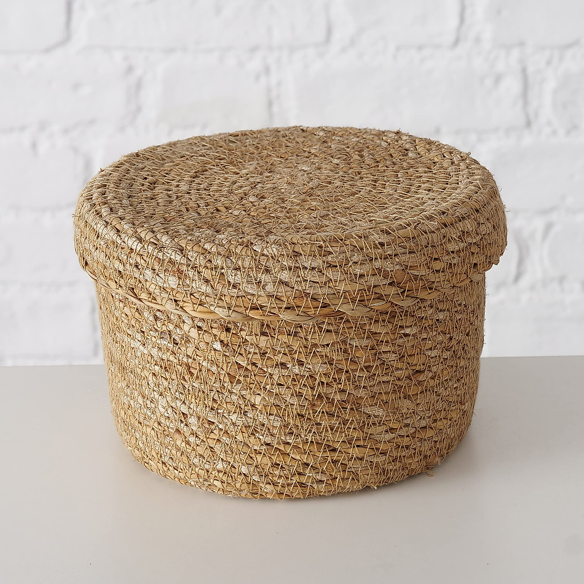 Seagrass Basket Boxes with Lids, Set of 3, Circular, Coiled Wicker Weave, Natural Seagrass, Made by Hand, 6, 7.75, and 9.75 Inches in Diameter