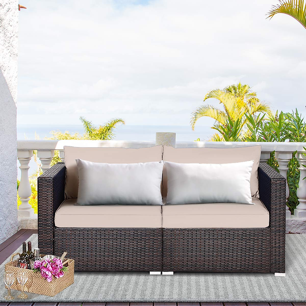 Tangkula 4 PCS Outdoor Wicker Corner Sofa Set, Patio Rattan Loveseat w/Removable Cushions, Sectional Sofa Set Additional Seats for Balcony Patio Garden Poolside (Brown)