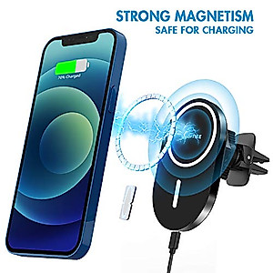 WAITIEE Magnetic Wireless Car Charger Compatible with iPhone 14/13/12 Series Caseless and Magnetic Cases with QC3.0 Adapter, Fast Wireless Car Mount with Secure Air Vent Clamp, Black