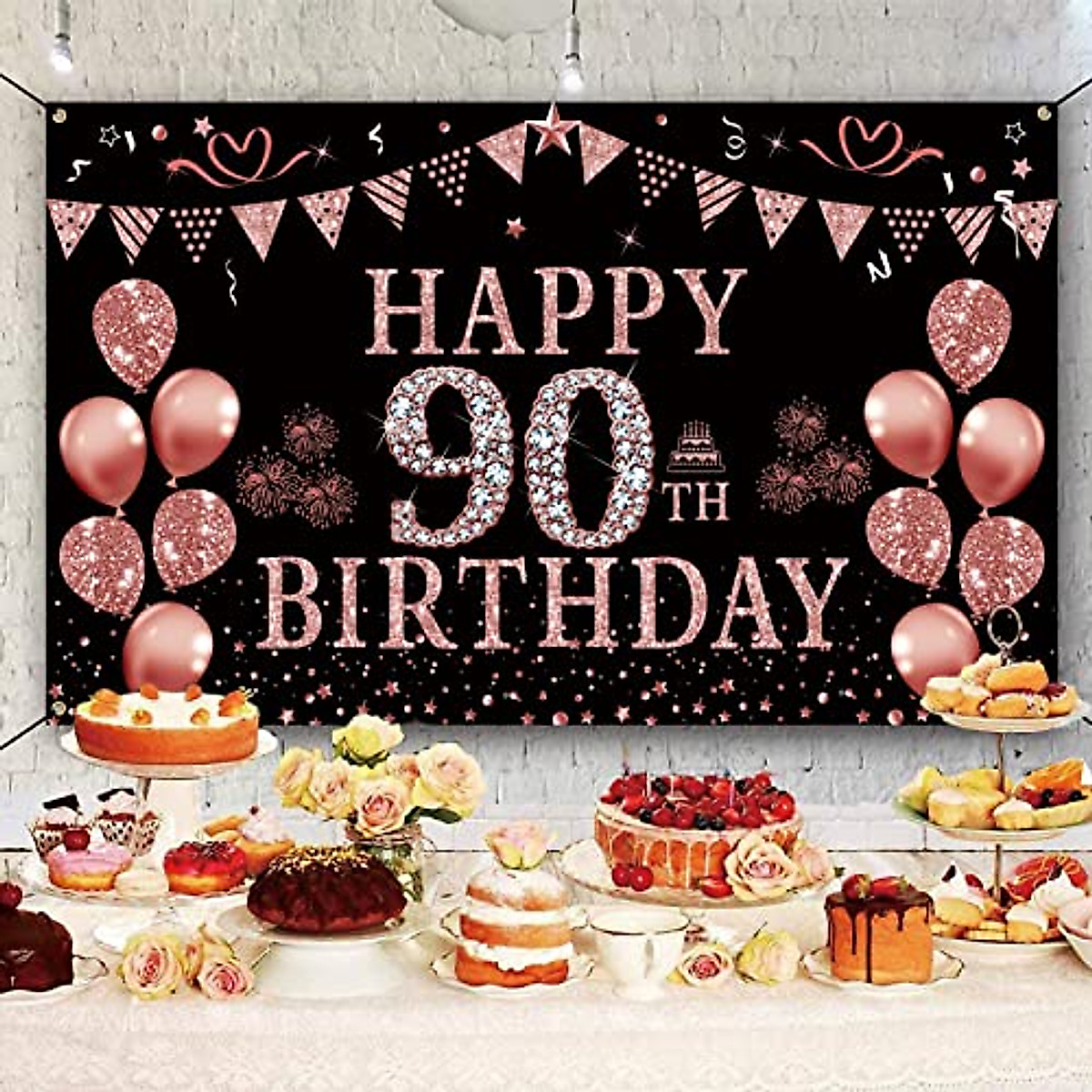 Trgowaul 90th Birthday Decorations Rose Gold 90 Year Old Birthday Backdrop Banner for Women Happy 90th Birthday Party Suppiles Photography Supplies Background Happy 90th Birthday Decoration
