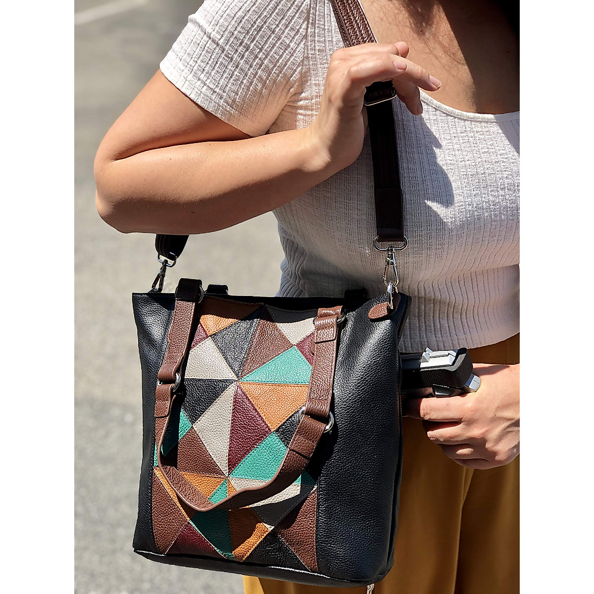 Roma Leathers Gun Concealment Purse - Patchwork Leather Adjustable Strap