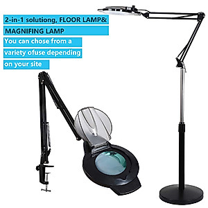 LED Magnifying Glass Floor Lamp with Clamp, KIRKAS 2,200 Lumens Super Bright Stepless dimming Facial Magnifier Lamp, Adjustable Stand and Swivel Arm Floor Light for Repair, Crafts and Tasks - Black