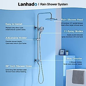Shower System Slide Lanhado 10” Rain Shower System with 11+1 Multi Functions Handheld Spray High Pressure Shower Faucet Set Shower Slide Bar Chrome Polished