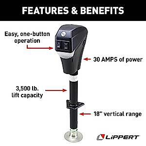 Lippert Power Tongue Jack Electric Trailer A-Frame, 3,500 lbs. 18-Inch Stroke, 5.4-Inch Foot Pad, Durable Textured Casing, Emergency Manual Crank Override, 10.75" Retracted, 28.75" Extended - 285318