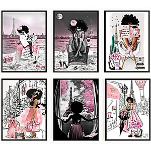 6 Pieces of African American Wall Art Black Girl Pink Fashion Wall Decor Teen Girl Woman Modern Room Poster Printing Picture Painting Living Room Bedroom Bathroom Home Decoration Gift Unframed
