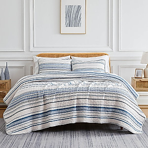 Southshore Fine Living, Inc. Oversized King Quilt Set, All Season Striped Blue Bedspread Set, 3-Piece Coastal Bedding, California/King Coverlet Sets with Shams, Soft Microfiber Quilt, Blue Stripes