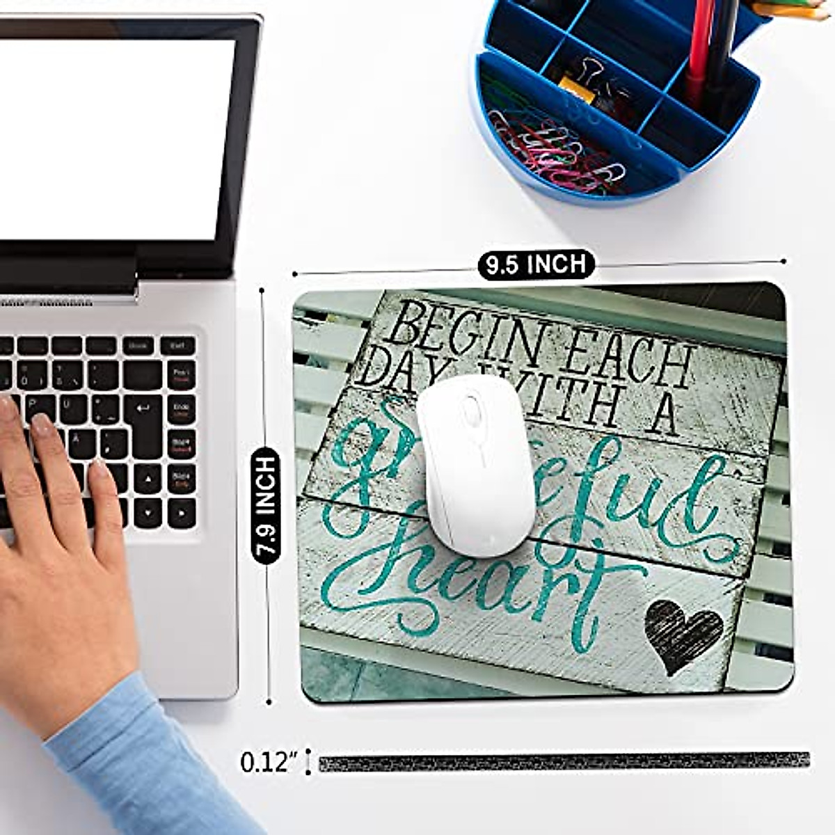 Wknoon Gaming Mouse Pad Custom, Begin Each Day with A Grateful Heart Quotes Rustic Turquoise Wood Design, Inspirational Bible Verse Scripture Quote Mouse Pads