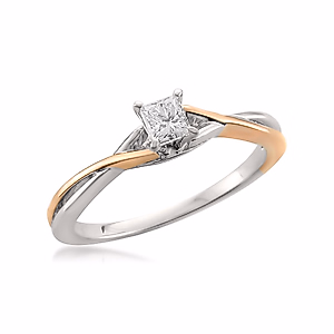 Beyond Brilliance 1/4 Carat, 14K Two-Tone Rose & White Gold with Rhodium Princess Cut Diamond Engagement Ring (I-J, I1-I2), Size 7 | Natural Diamond Engagement Ring for Women